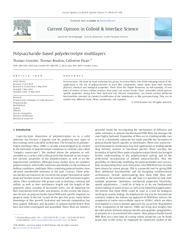 (PDF) Polysaccharide-based polyelectrolyte multilayers