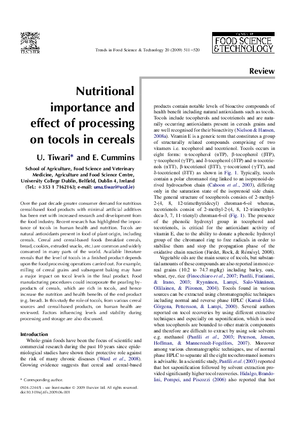 (PDF) Nutritional importance and effect of processing on tocols in cereals
