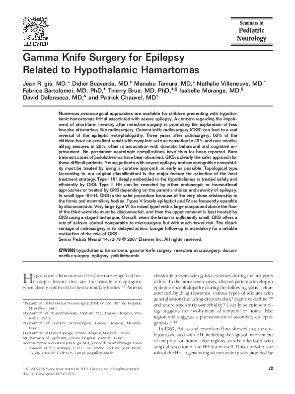 (PDF) Gamma Knife Surgery for Epilepsy Related to Hypothalamic Hamartomas