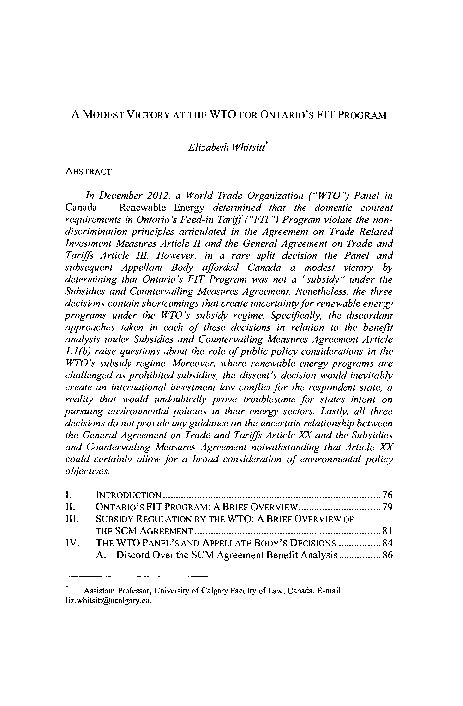 (PDF) A Modest Victory at the WTO for Ontario's FIT Program