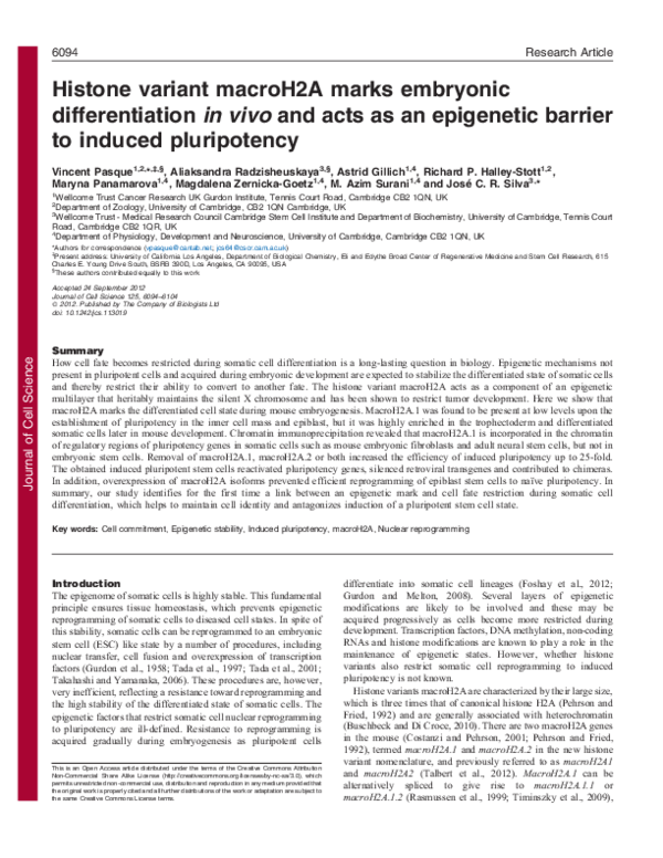 (PDF) Histone variant macroH2A marks embryonic differentiation in vivo ...