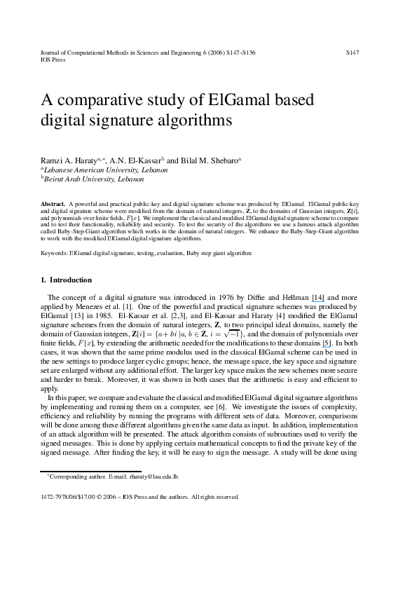 (PDF) A Comparative Study of Elgamal Based Digital Signature Algorithms