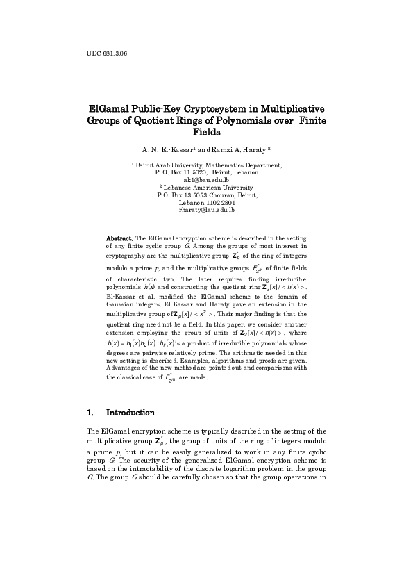 (PDF) ElGamal Public-Key cryptosystem in multiplicative groups of quotient rings of polynomials ...