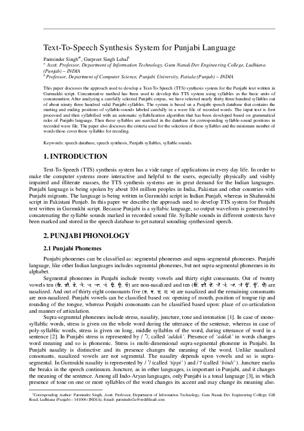 (PDF) Text-to-Speech Synthesis system for Punjabi language