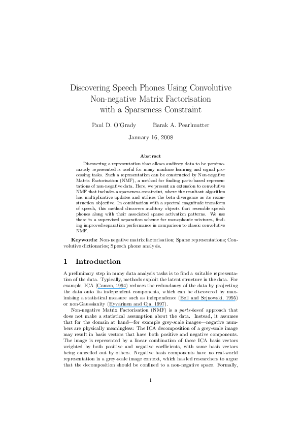 Pdf Discovering Speech Phones Using Convolutive Non Negative Matrix Factorisation With A