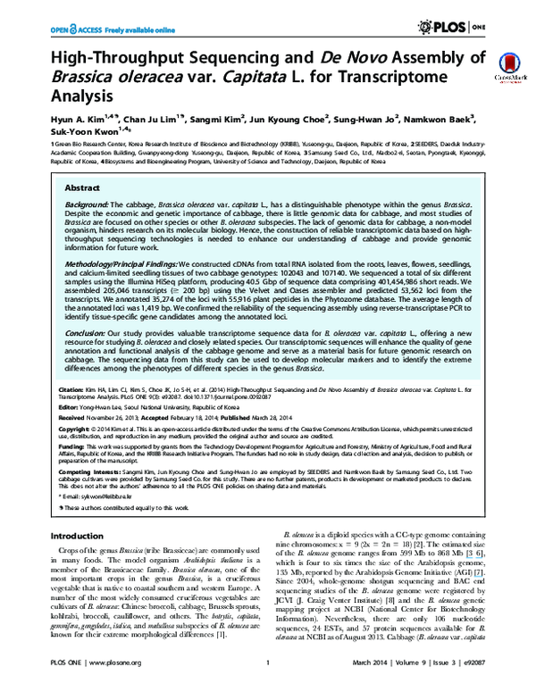(PDF) High-throughput sequencing and de novo assembly of Brassica oleracea var. Capitata L. for ...