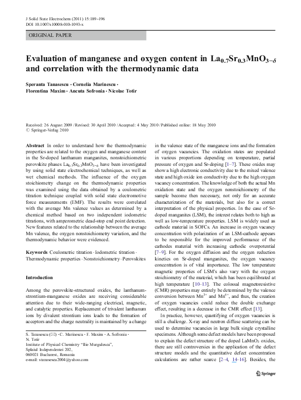 (PDF) Evaluation of manganese and oxygen content in La0.7Sr0.3MnO3−δ and correlation with the ...