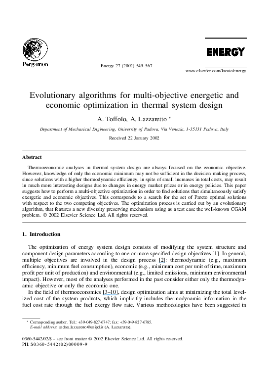 (PDF) Evolutionary algorithms for multi-objective energetic and economic optimization in thermal ...