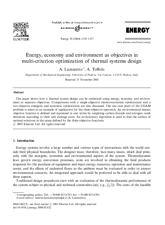 (PDF) Energy, economy and environment as objectives in multi-criterion optimization of thermal ...