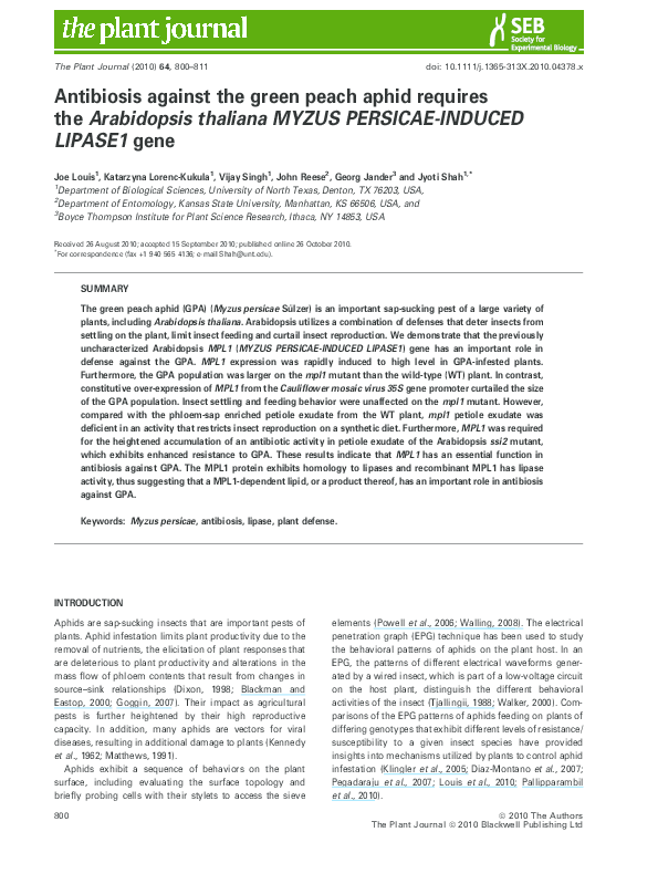 (PDF) Antibiosis against the green peach aphid requires the Arabidopsis thaliana MYZUS PERSICAE ...