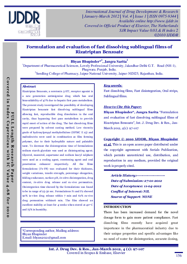 Pdf Formulation And Evaluation Of Fast Dissolving Sublingual Films Of Rizatriptan Benzoate