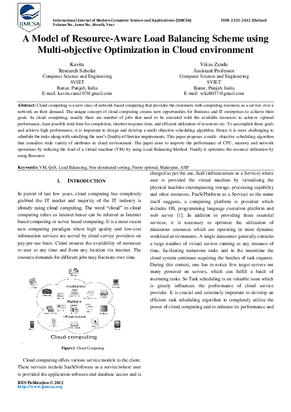 Pdf A Model Of Resource Aware Load Balancing Scheme Using Multi Objective Optimization In
