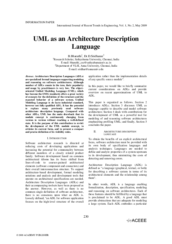 Pdf Uml As An Architecture Description Language