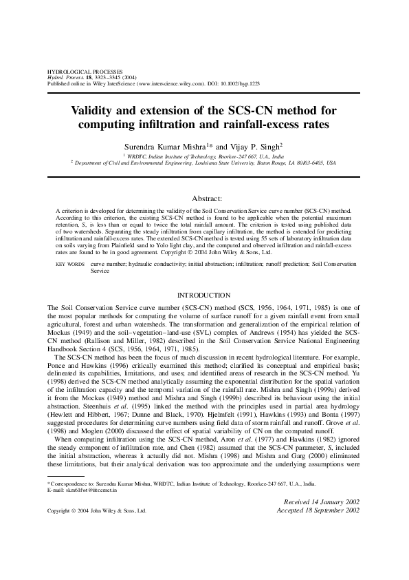 (PDF) Validity and extension of the SCS-CN method for computing infiltration and rainfall-excess ...