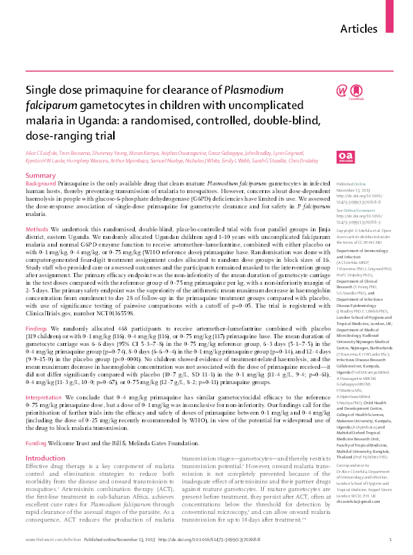 (PDF) Single dose primaquine for clearance of Plasmodium falciparum ...