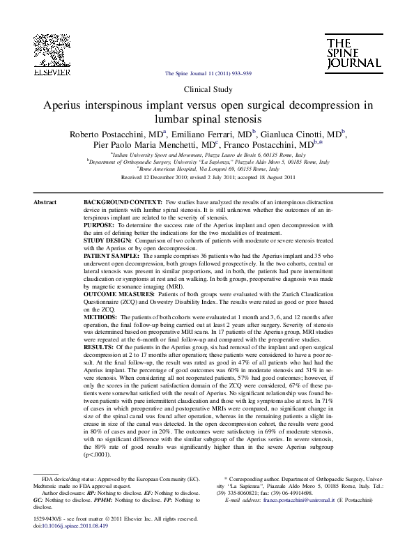 (PDF) Aperius interspinous implant versus open surgical decompression ...