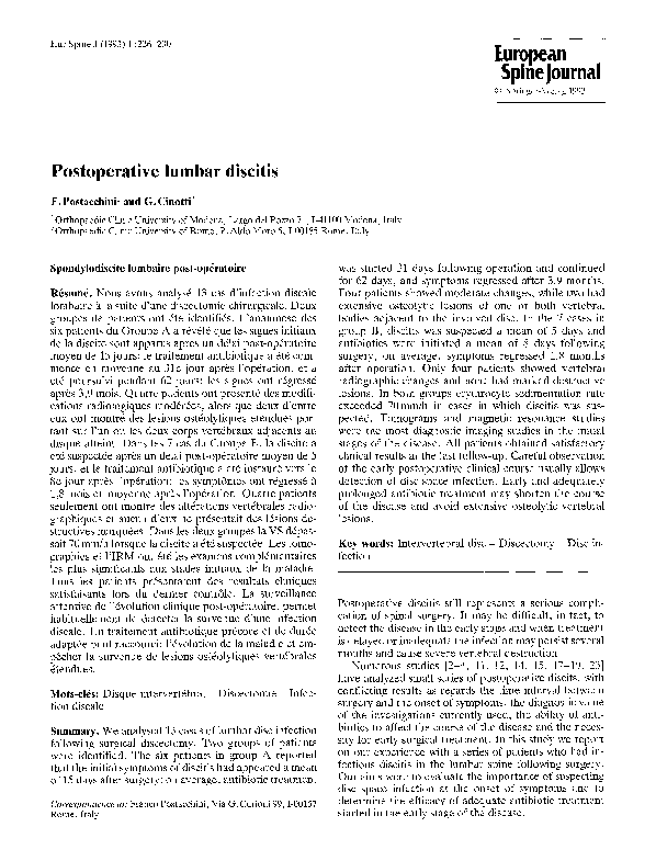 (PDF) Postoperative lumbar discitis