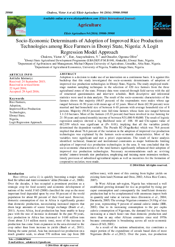 (PDF) Socio-Economic Determinants of Adoption of Improved Rice Production Technologies among ...