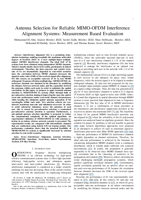 (PDF) Antenna Selection for Reliable MIMO-OFDM Interference Alignment Systems: Measurement Based ...