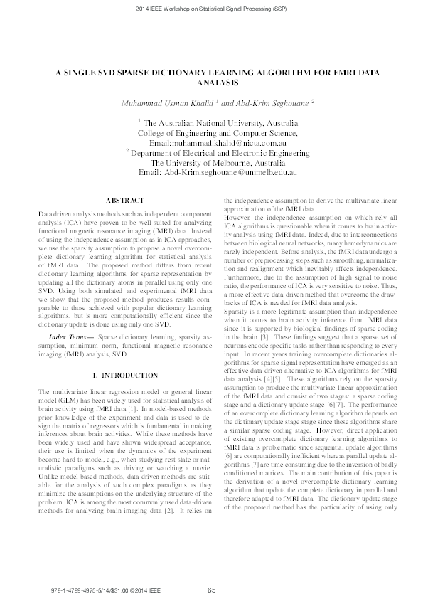 (PDF) A single SVD sparse dictionary learning algorithm for FMRI data analysis