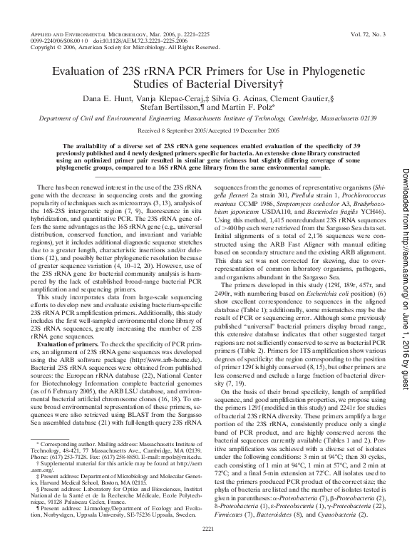 (PDF) Evaluation of 23S rRNA PCR Primers for Use in Phylogenetic Studies of Bacterial Diversity