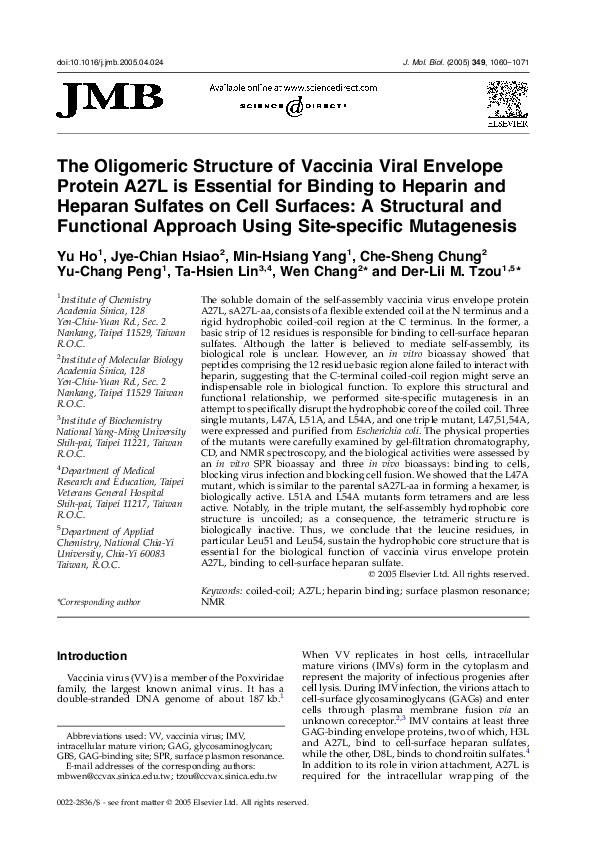 (PDF) The Oligomeric Structure of Vaccinia Viral Envelope Protein A27L ...