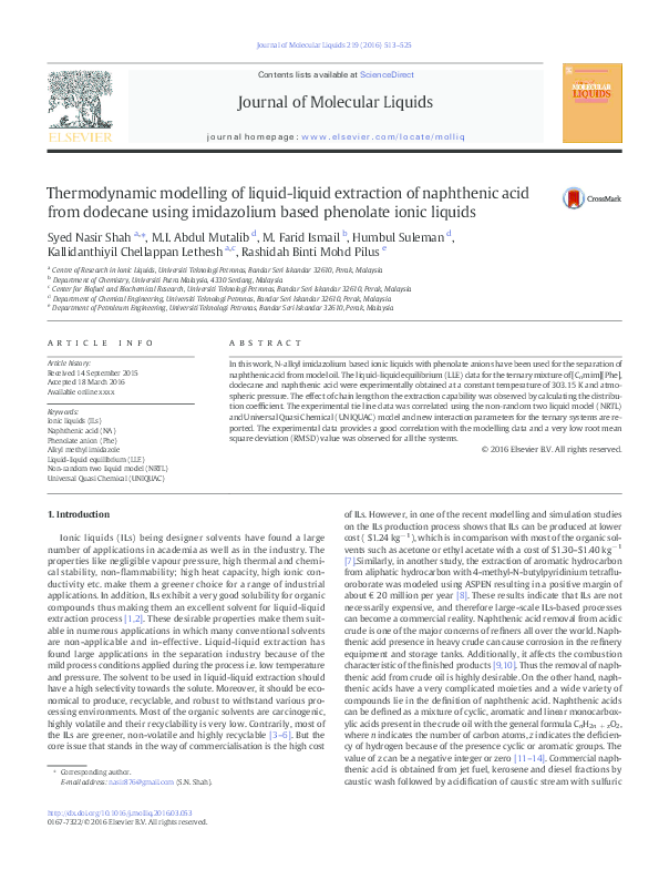 (PDF) Thermodynamic modelling of liquid-liquid extraction of naphthenic acid from dodecane using ...