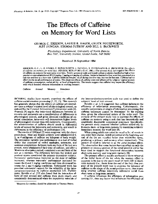 (PDF) The effects of caffeine on memory for word lists