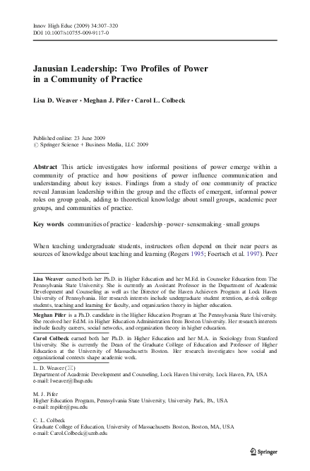 (PDF) Janusian Leadership: Two Profiles of Power in a Community of Practice