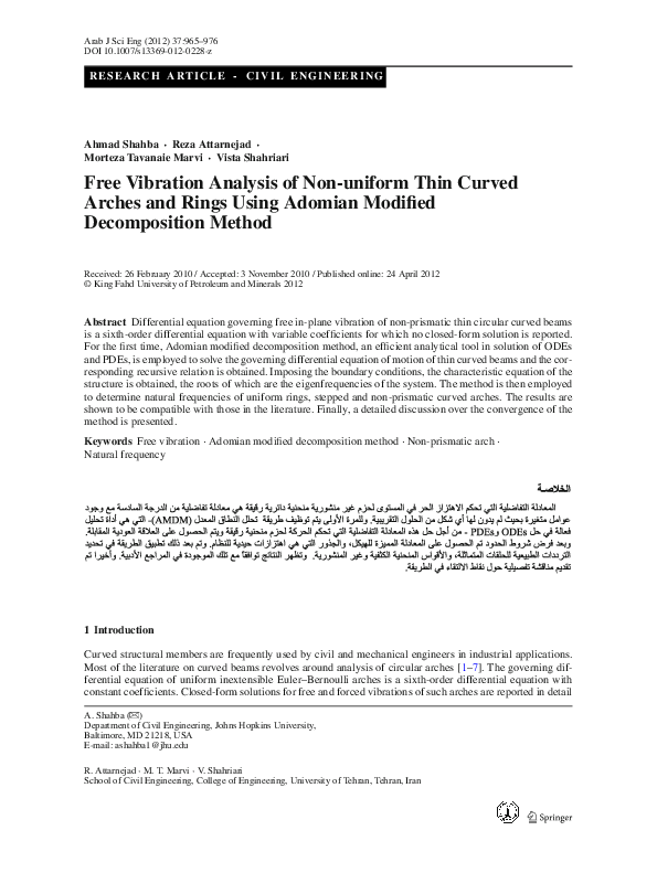 Pdf Free Vibration Analysis Of Non Uniform Thin Curved Arches And