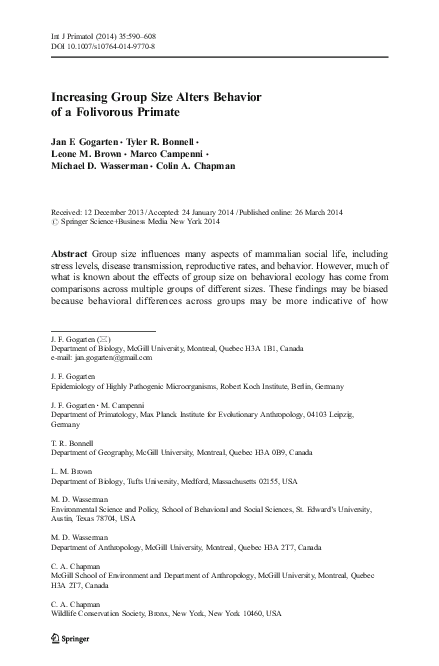 (PDF) Increasing Group Size Alters Behavior of a Folivorous Primate