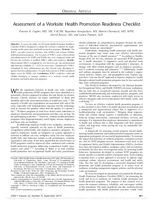 (PDF) Assessment of a Worksite Health Promotion Readiness Checklist