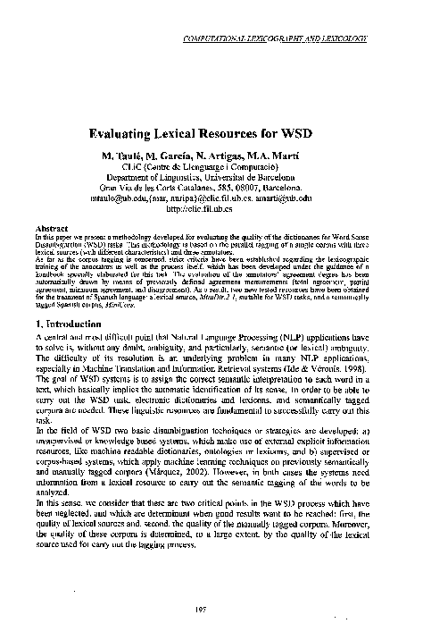 (PDF) Evaluating lexical resources for WSD