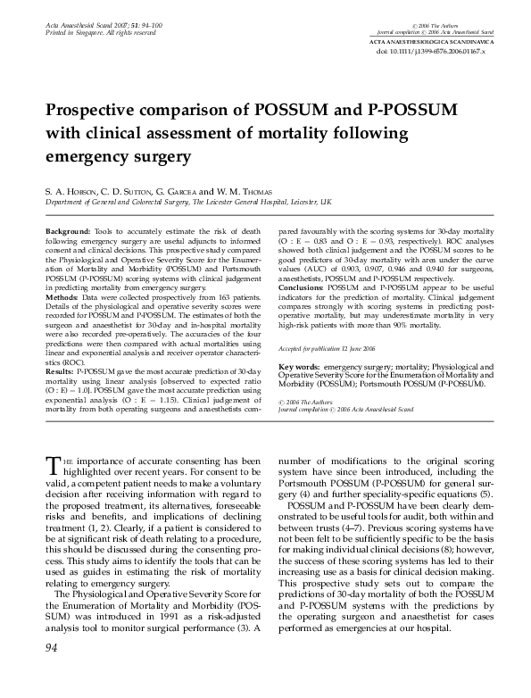(PDF) Prospective comparison of POSSUM and P-POSSUM with clinical ...