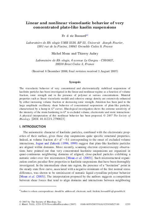 (PDF) Linear and nonlinear viscoelastic behavior of very concentrated plate-like kaolin suspensions