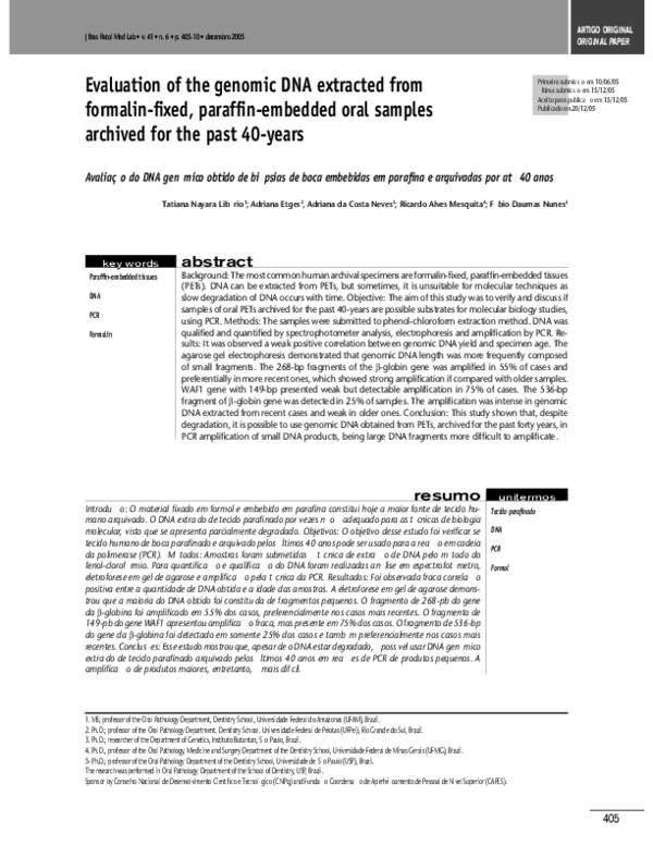 (PDF) Evaluation of the genomic DNA extracted from formalin-fixed, paraffin-embedded oral ...