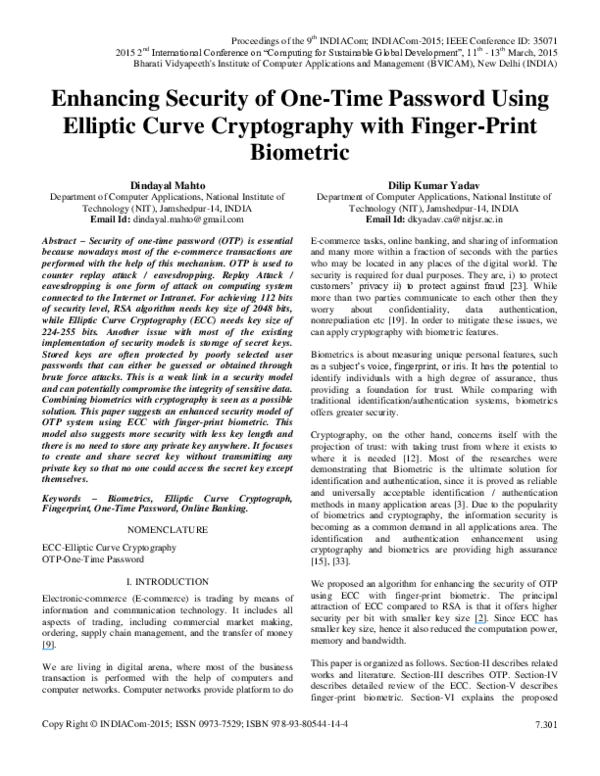 (PDF) Enhancing security of one-time password using Elliptic Curve Cryptography with biometrics ...