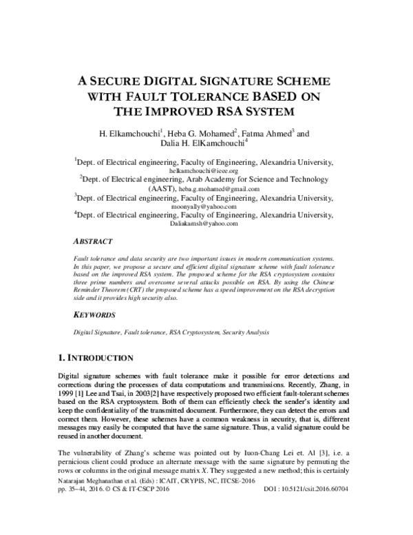 (PDF) A SECURE DIGITAL SIGNATURE SCHEME WITH FAULT TOLERANCE BASED ON ...