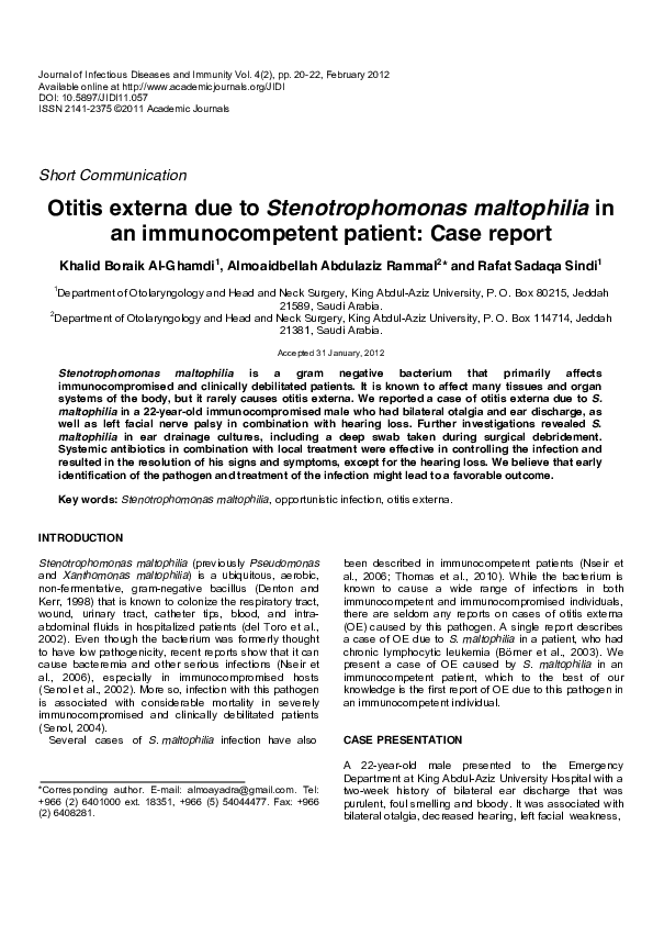 (PDF) Otitis externa due to Stenotrophomonas maltophilia in an ...