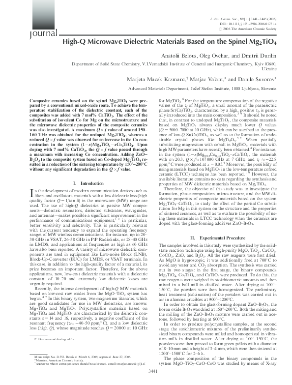 (PDF) High-Q Microwave Dielectric Materials Based on the Spinel Mg 2 TiO 4