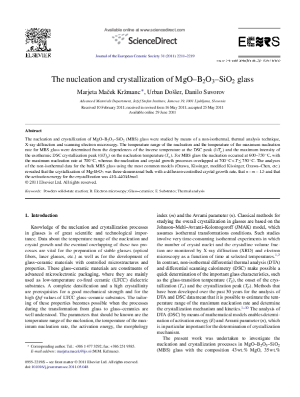 (PDF) The nucleation and crystallization of MgO–B2O3–SiO2 glass