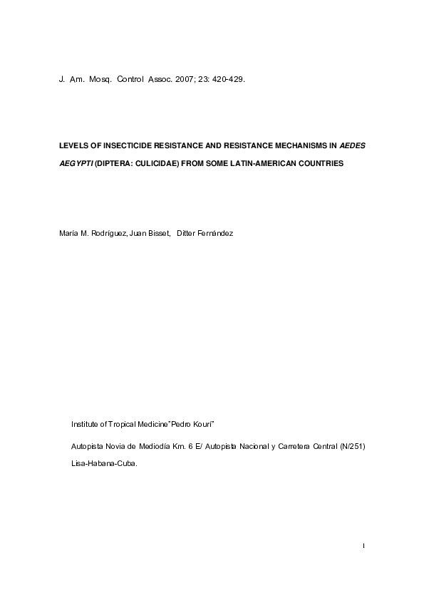 (PDF) LEVELS OF INSECTICIDE RESISTANCE AND RESISTANCE MECHANISMS IN AEDES AEGYPTI FROM SOME ...