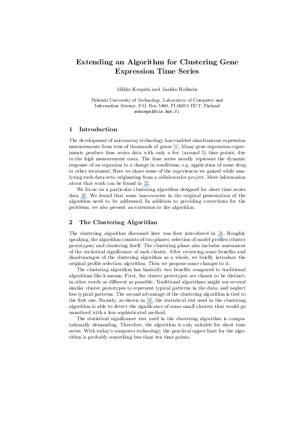 Pdf Extending An Algorithm For Clustering Gene Expression Time Series