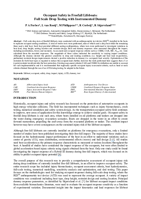 (PDF) Occupant Safety in Freefall Lifeboats: Full Scale Drop Testing ...