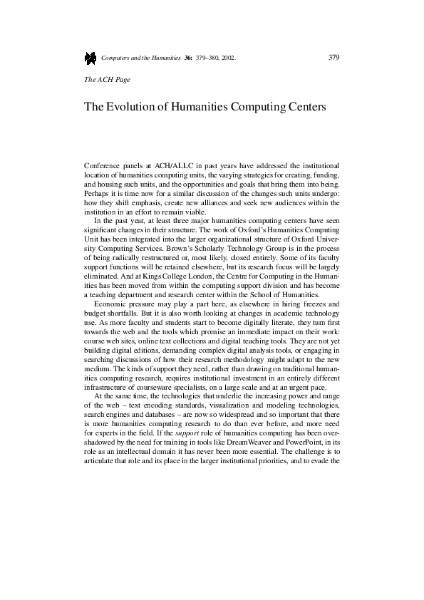 (PDF) The Evolution of Humanities Computing Centers