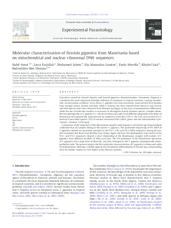 (PDF) Molecular characterization of Fasciola gigantica from Mauritania ...