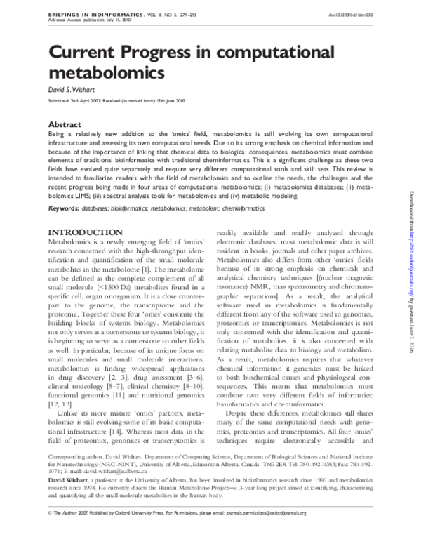 (PDF) Current Progress in computational metabolomics