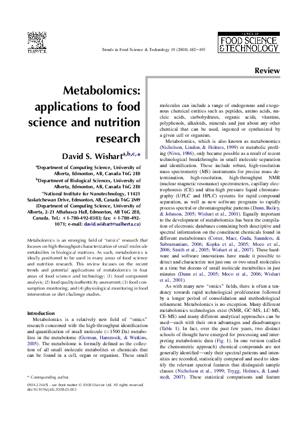 (PDF) Metabolomics: applications to food science and nutrition research