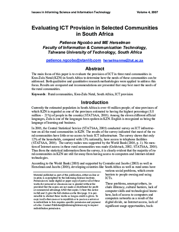 (PDF) Evaluating ICT provision in selected communities in South Africa ...