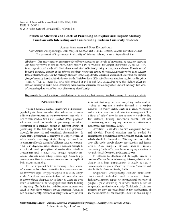 Pdf Effects Of Attention And Levels Of Processing On Explicit And Implicit Memory Function